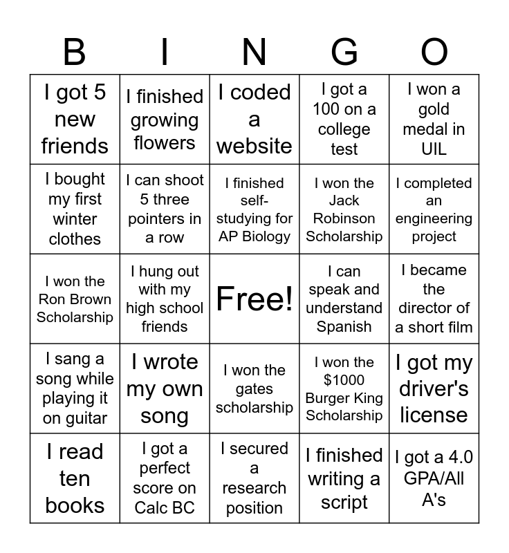 Life Goal Bingo Card
