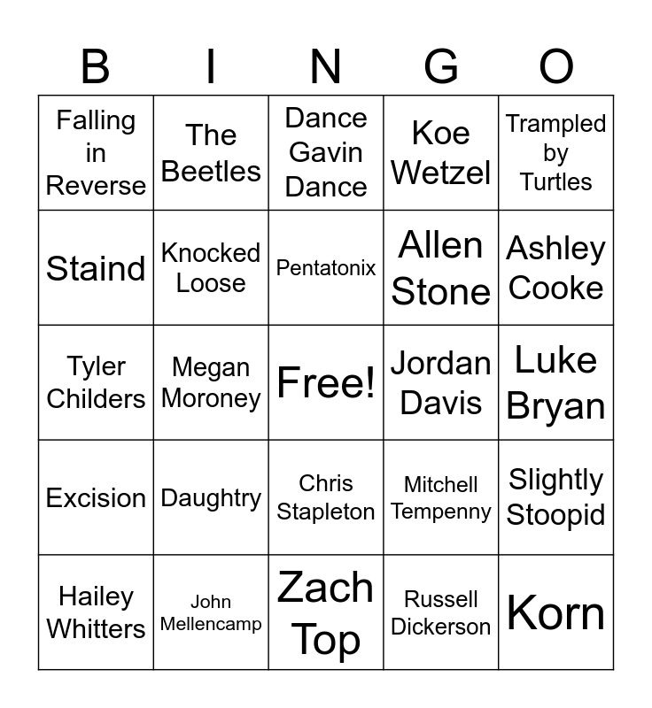 Musical Bingo Card