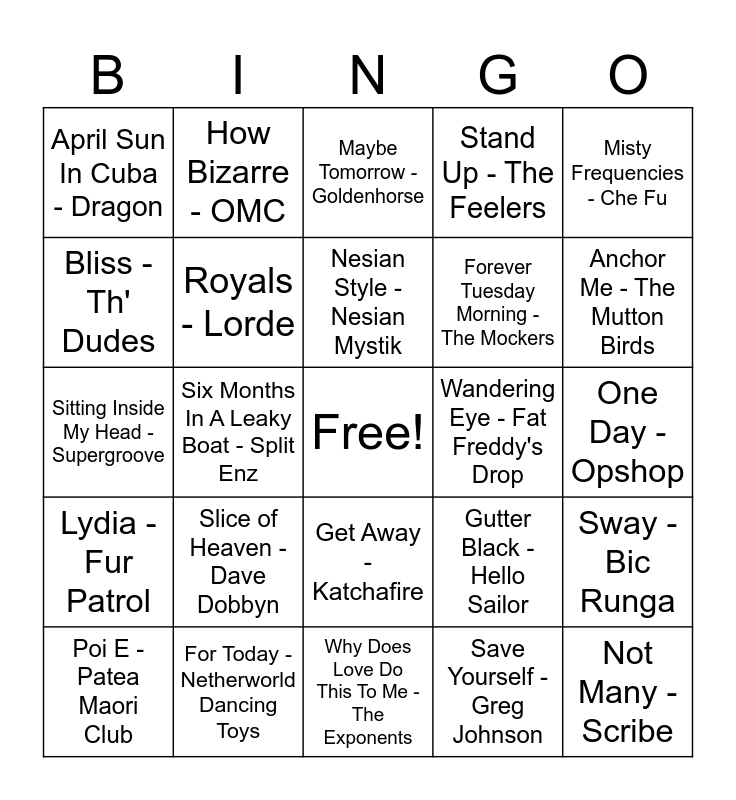 Kiwi Classics Bingo Card