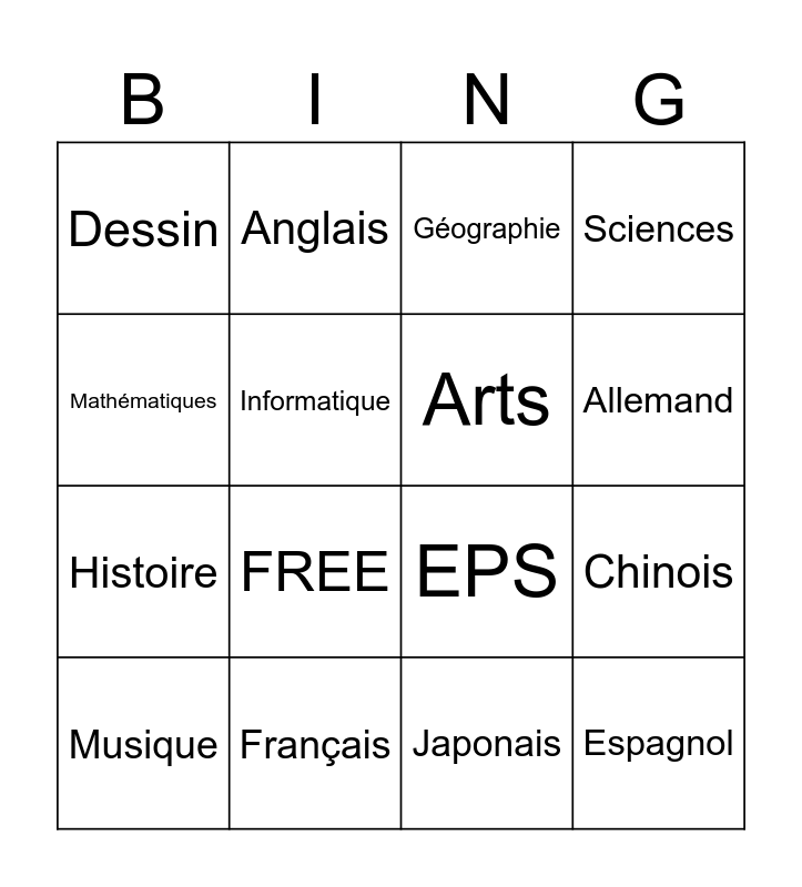 Subjects in French Bingo Card