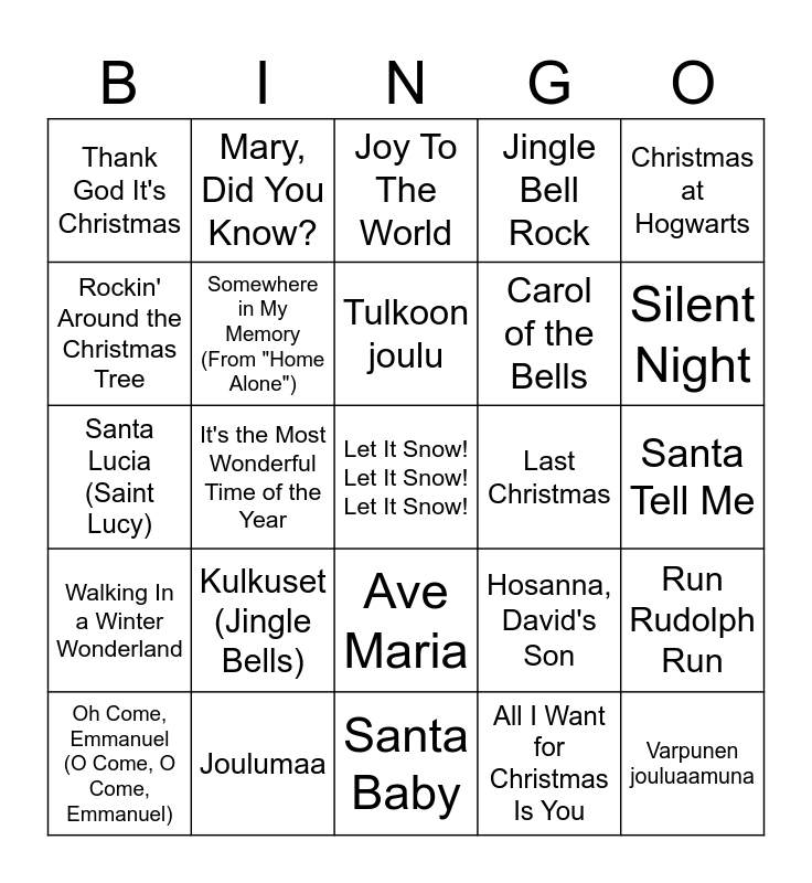 Christmas Music Bingo Card