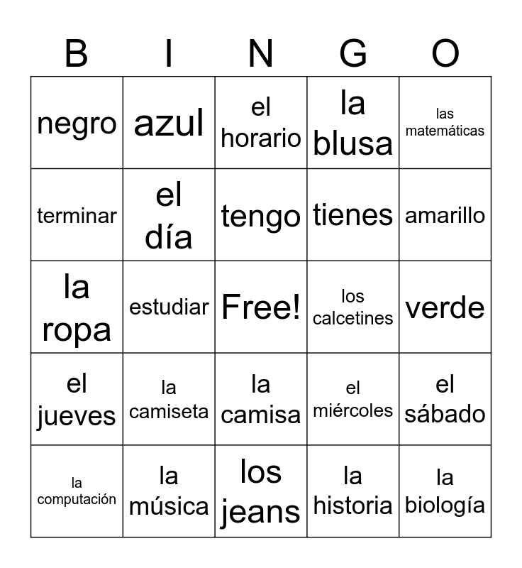 Vocabulario 2B Bingo Card