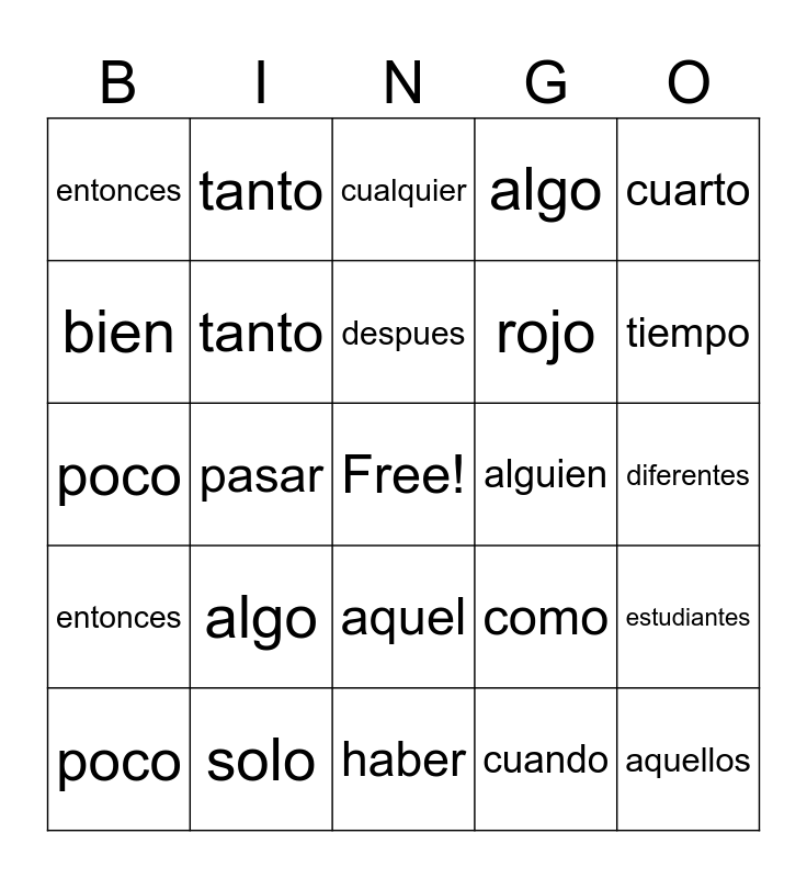 Palabras de Alta Frecuencia Set 4 Bingo Card