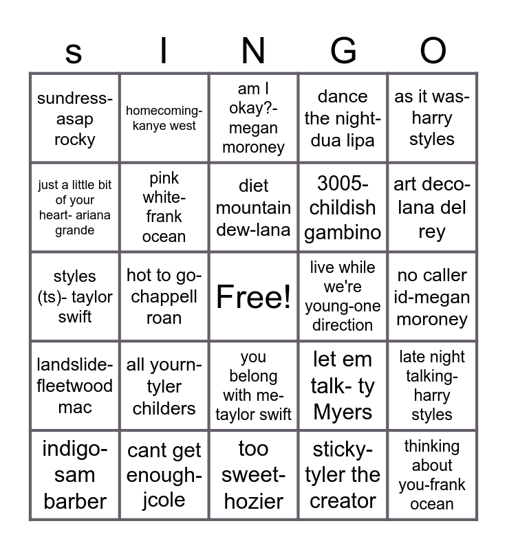SINGO Bingo Card