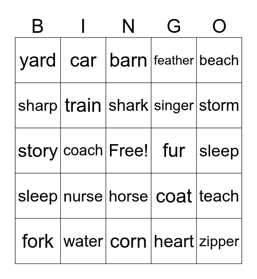 R Controlled Vowel Word Bingo Card