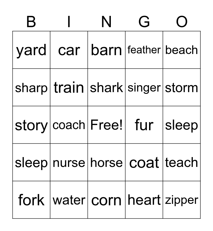 R Controlled Vowel Word Bingo Card