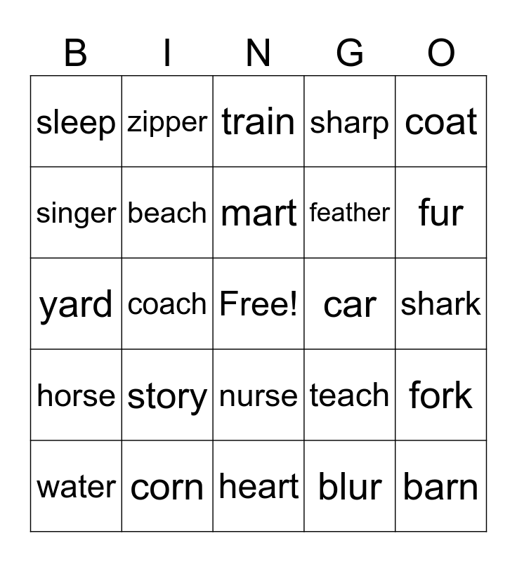 R Controlled Vowel Word Bingo Card
