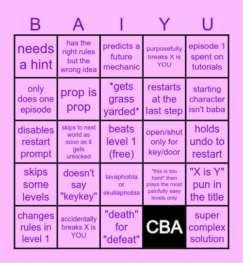BABA IS YOU: FIRST PLAYTHROUGH BINGO Card