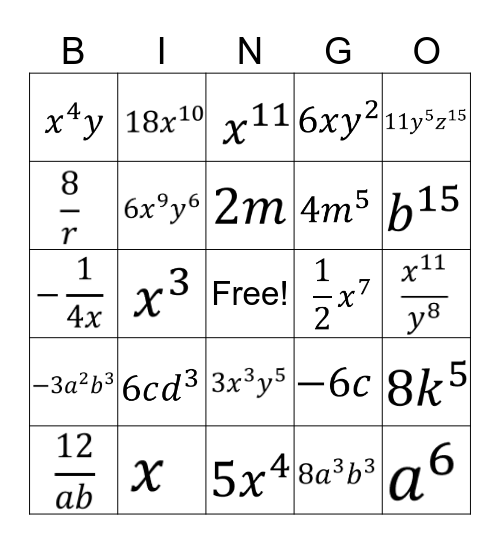 Exponents Bingo Card
