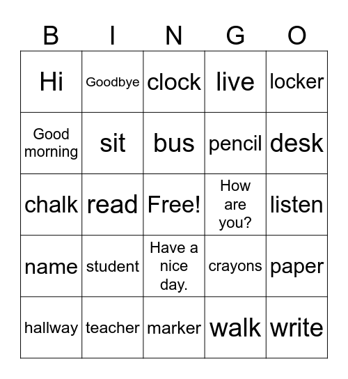 School Words and Greetings ingo Bingo Card