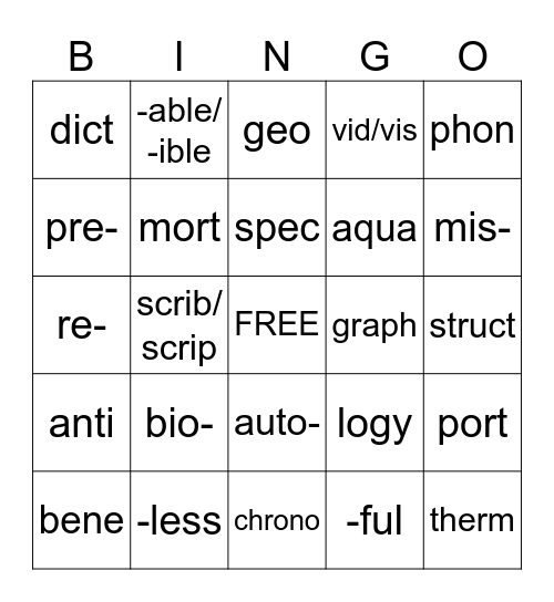 Greek & Latin Roots Bingo Card
