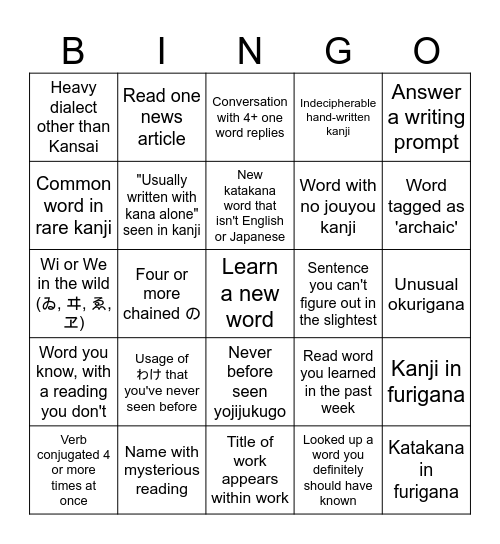 Japanese Learner Bingo 2025 Bingo Card