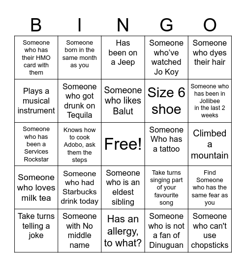 Filipino Human Bingo Card