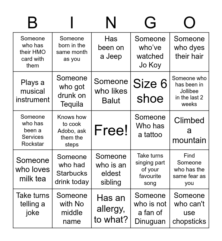 Filipino Human Bingo Card