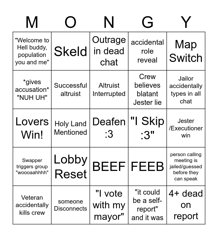 Mongy Monday Season 2 Bingo Card