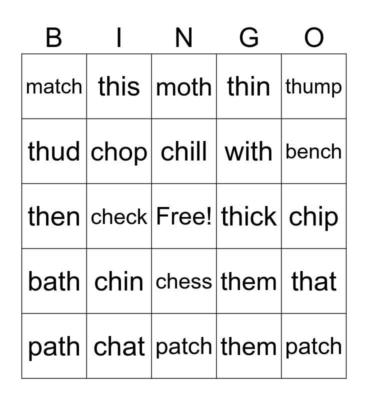TH, CH, TCH Digraph Review Bingo Card