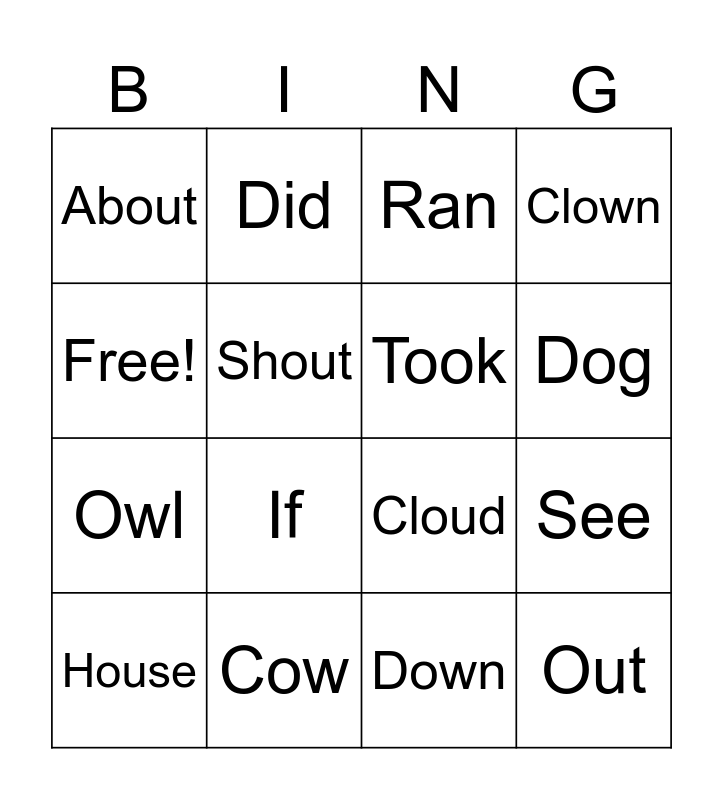 Ou/ ow Bingo Card