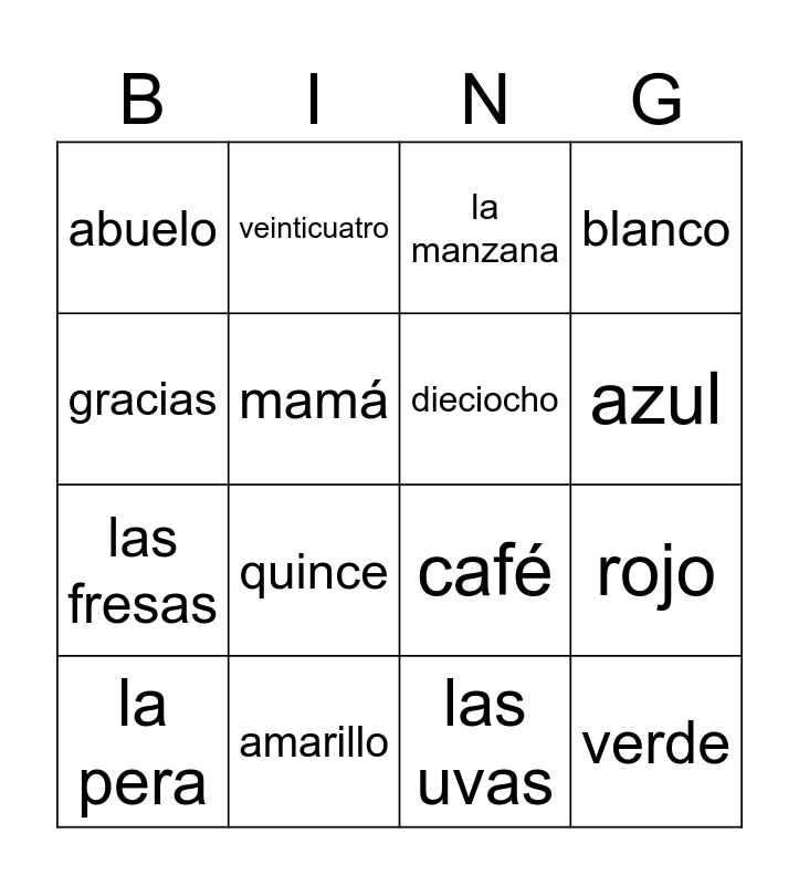 Kindergarten Spanish Bingo Card