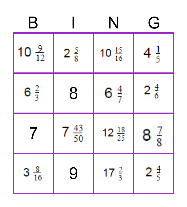 Adding and Subtracting Mixed Numbers Bingo Card