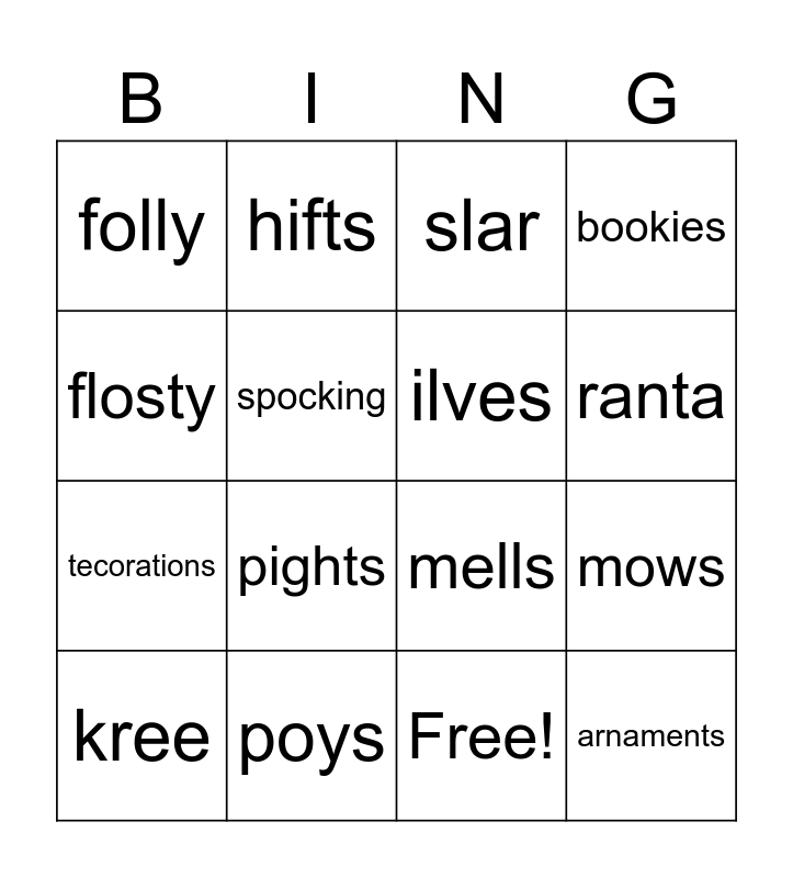 ALMOST Christmas Words (nonsense word bing) Bingo Card