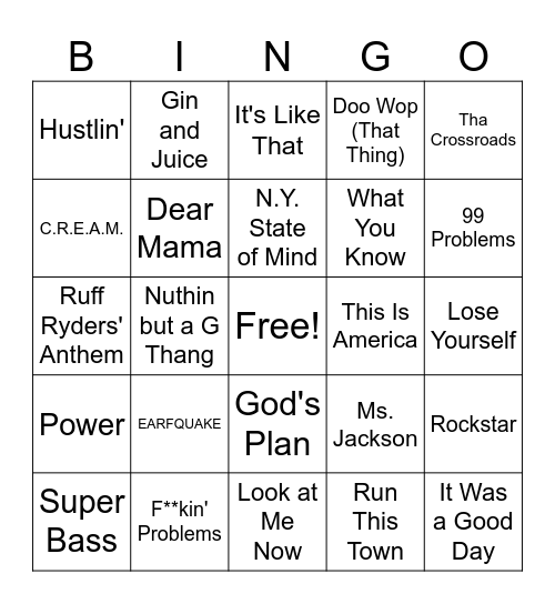 Hip Hop Top 100 Bingo Card