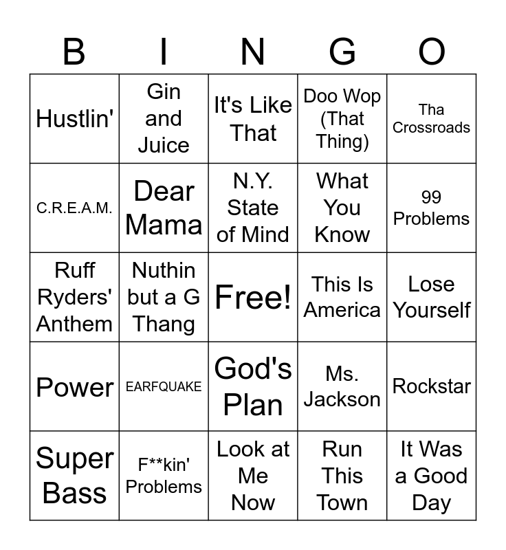 Hip Hop Top 100 Bingo Card