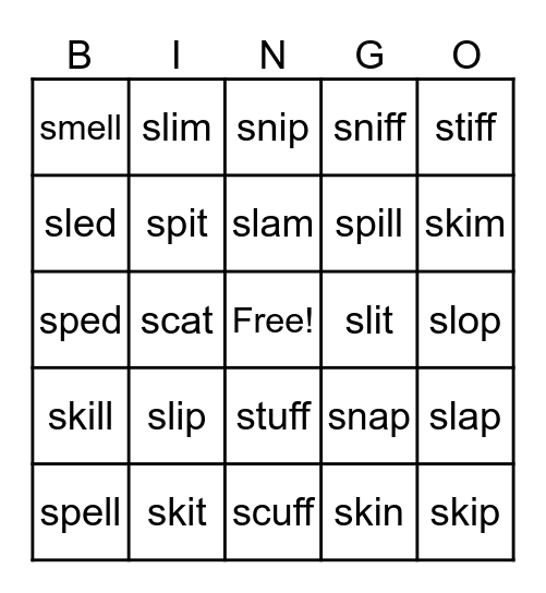 Consonant S Blends Bingo Card