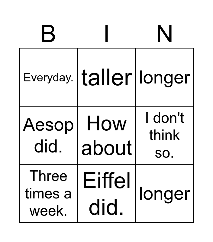 6th Grade 1--11 Bingo Card