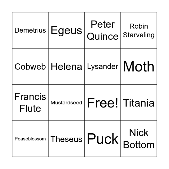 Midsummer Night's Dream Bingo Card