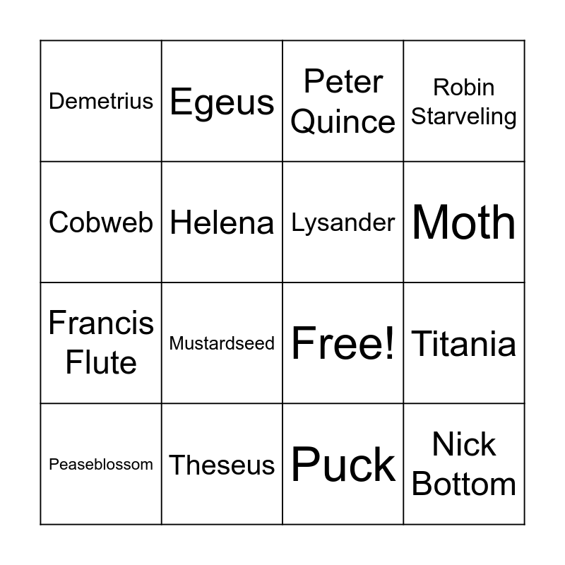 Midsummer Night's Dream Bingo Card