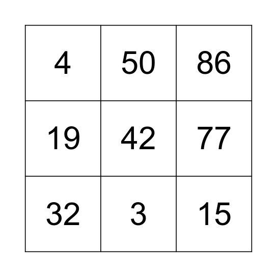 Numbers Bingo Card