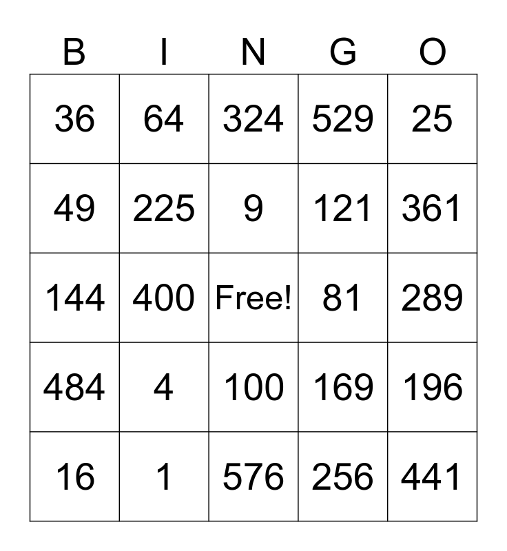 Perfect Squares Bingo Card
