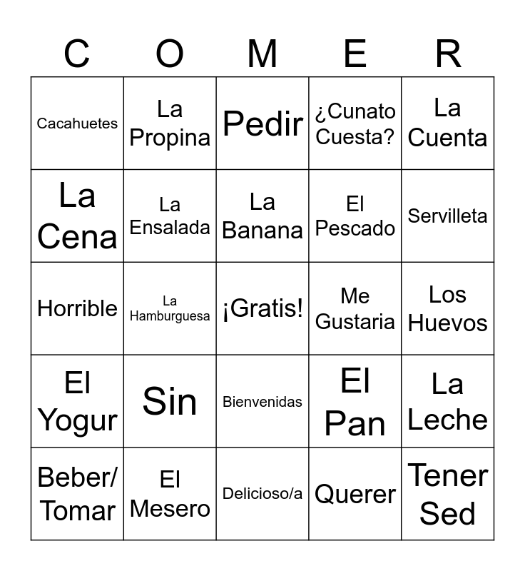 La Comida Bingo Game Bingo Card