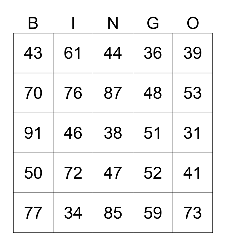 Numbers 30-100 Bingo Card