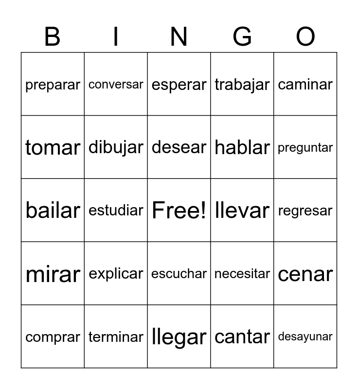 Spanish -ar Conjugation Bingo Card