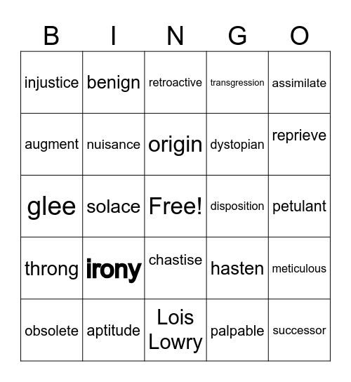 The Giver Vocab Bingo Card
