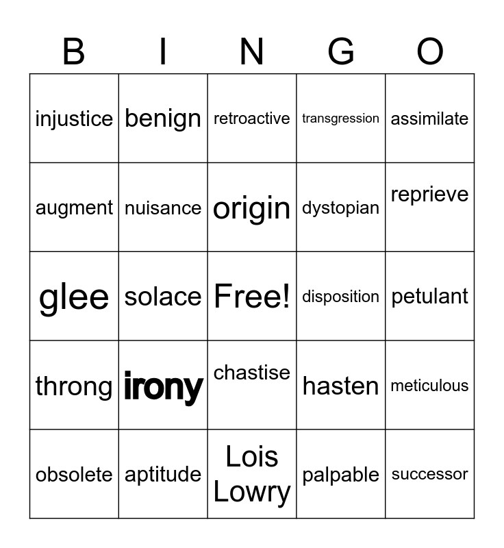 The Giver Vocab Bingo Card