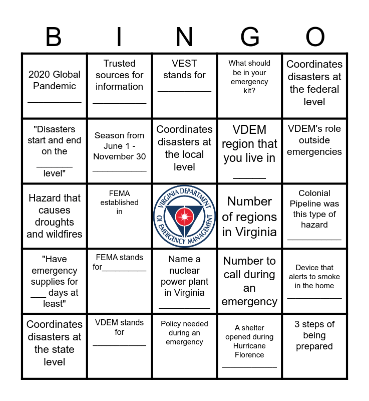 VDEM Emergency Management Bingo Card