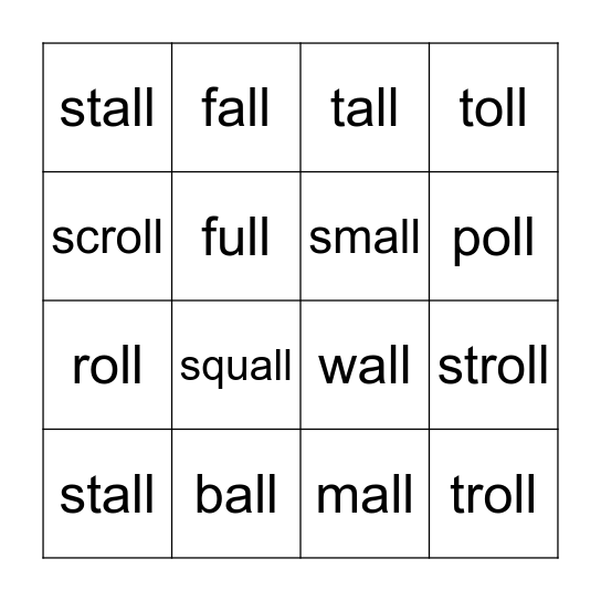 -all, -oll, -ull Words Bingo Card