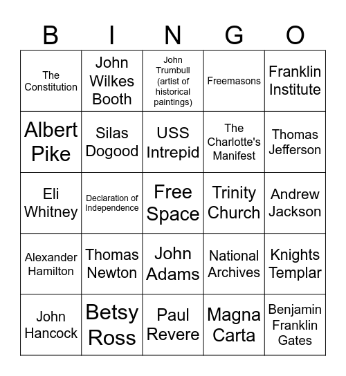 National Treasure Bingo Card