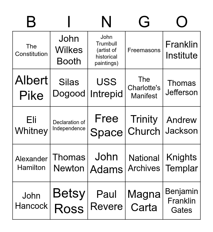 National Treasure Bingo Card