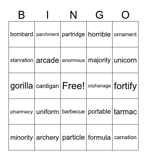 ar/or words Bingo Card