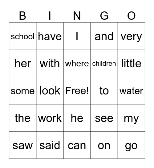 Sight Words Bingo Card