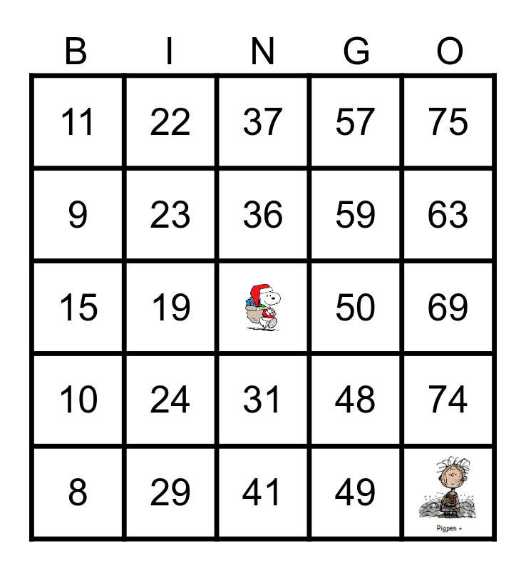 Snoopy Christmas Bingo Card