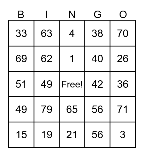 Number Sequence Bingo Card