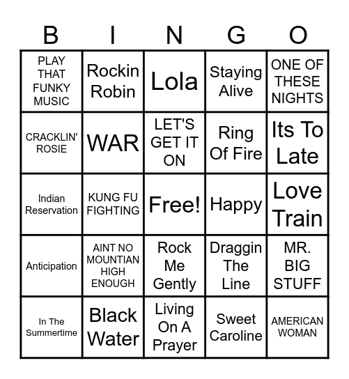 1970s HITS Bingo Card