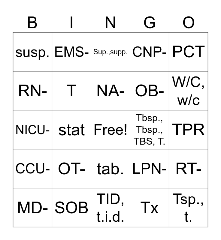 Abbreviations #3 Bingo Card