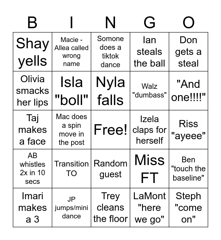 UofL WBB Practice Bingo Card