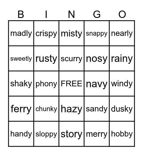 Consonant + Y Endings Bingo Card