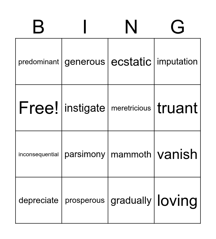 Gift of the Magi Bingo Card